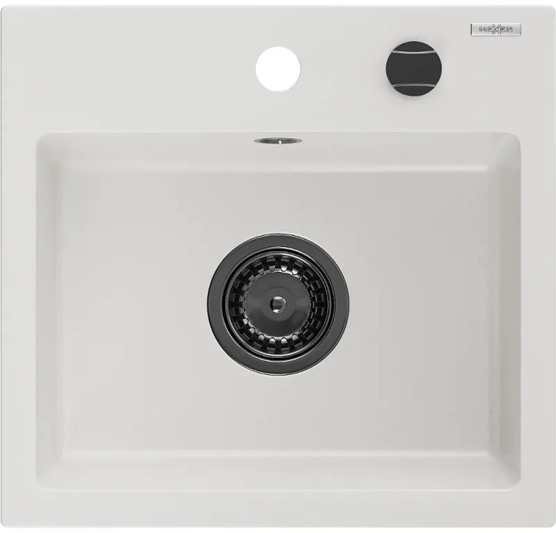 Mexen Milo granitový dřez 1-komorový 435 x 410 mm, bílý, černý sifon - 6505441000-20-B