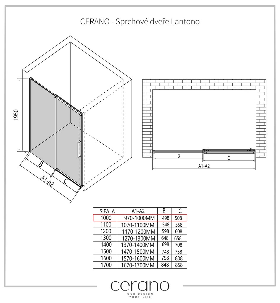 CERANO - Sprchové posuvné dveře Lantono L/P - 8 mm - černá matná, grafitové sklo - 100x195 cm, CER-CER-8050BD7235