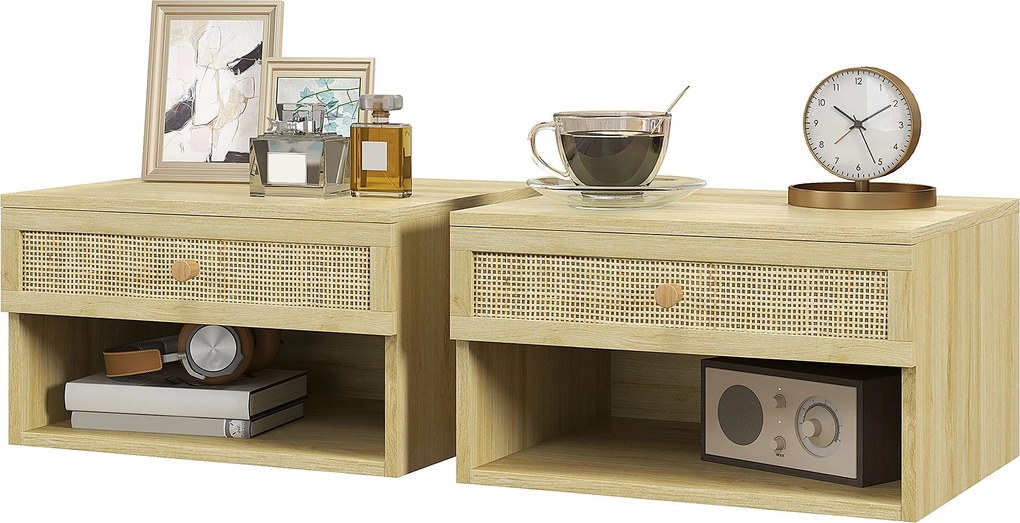 HOMCOM Set 2 Floating Nočních Stolků Závěsné Noční Stolky s Otevřeným Úložným Prostorem a Ratanovou zásuvkou pro Ložnici 40x34x23 cm Přírodní
