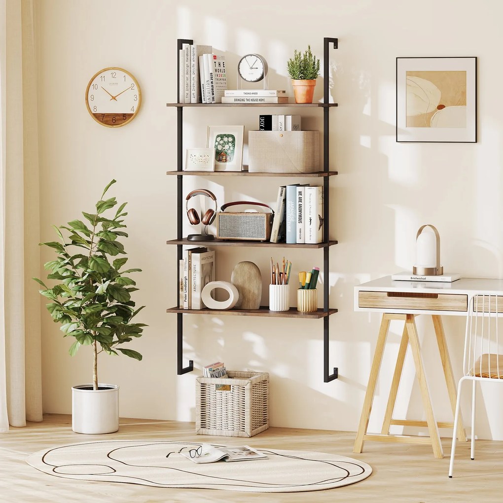 Costway 4 Nástěnná police Průmyslový plovoucí úložný displej s kovovým rámem