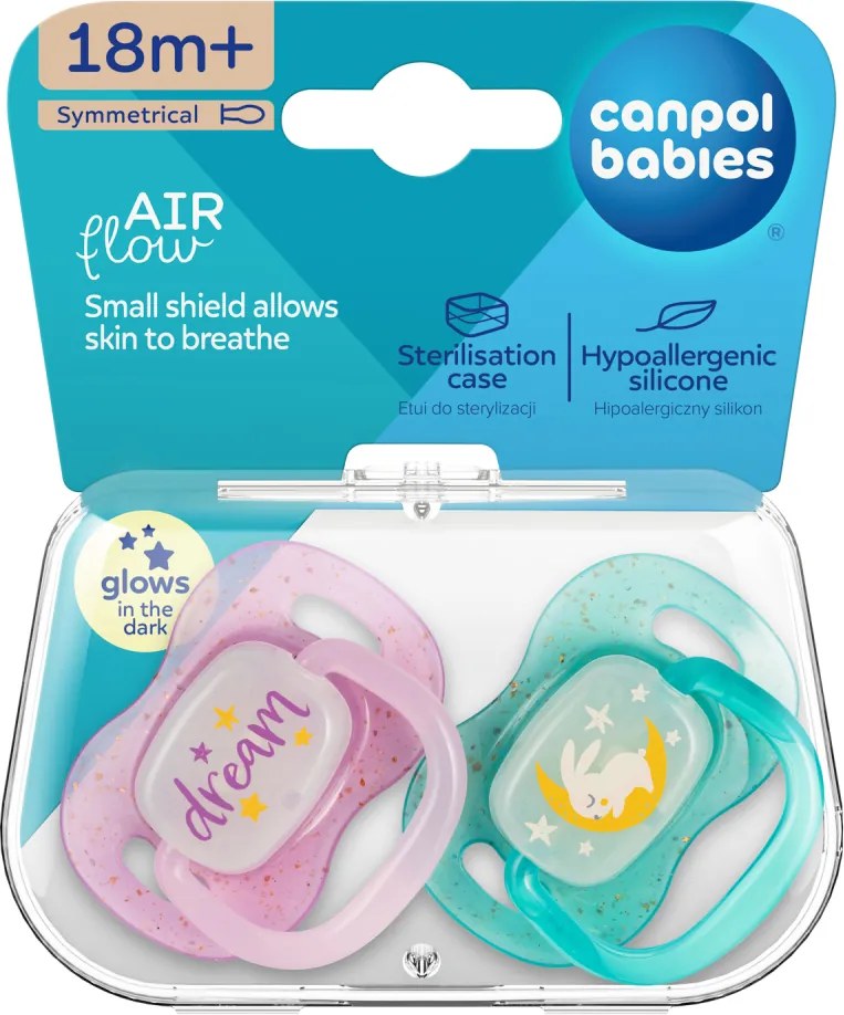 Canpol babies Dudlík svítící silikonový symetrický NIGHTGLOW 18m+ 2ks holka