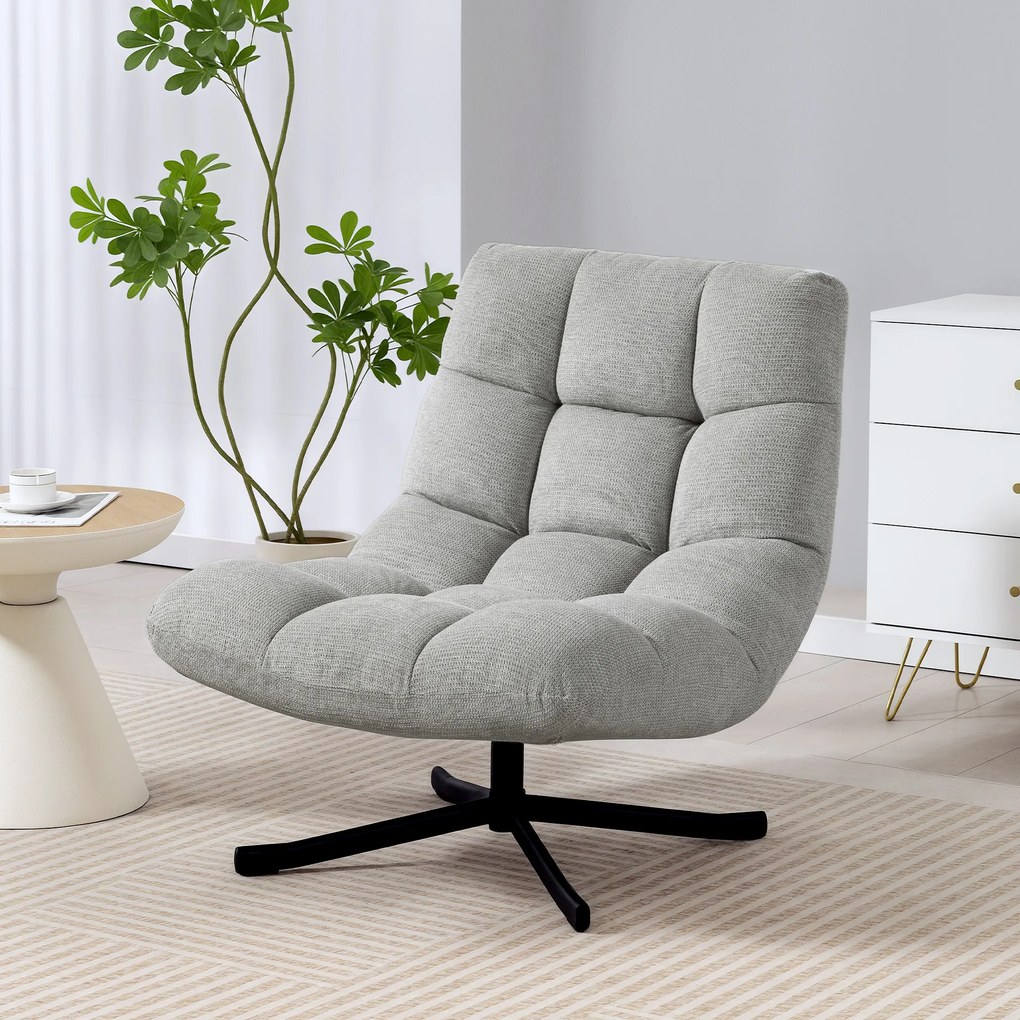 HOMCOM Otočné křeslo lounge s širokým sedákem, voděodpudivá chenille úprava, zkřížené ocelové nohy, světle šedá