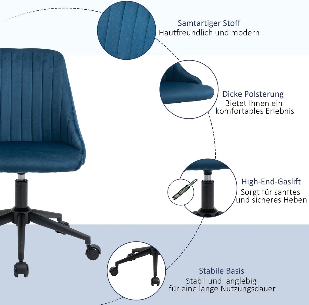 Vinsetto Otočná kancelářská židle Ergonomický design s nastavitelnou výškou 360° otočná pěnová sametová polyesterová modrá 50 x 58 x 77-87 cm