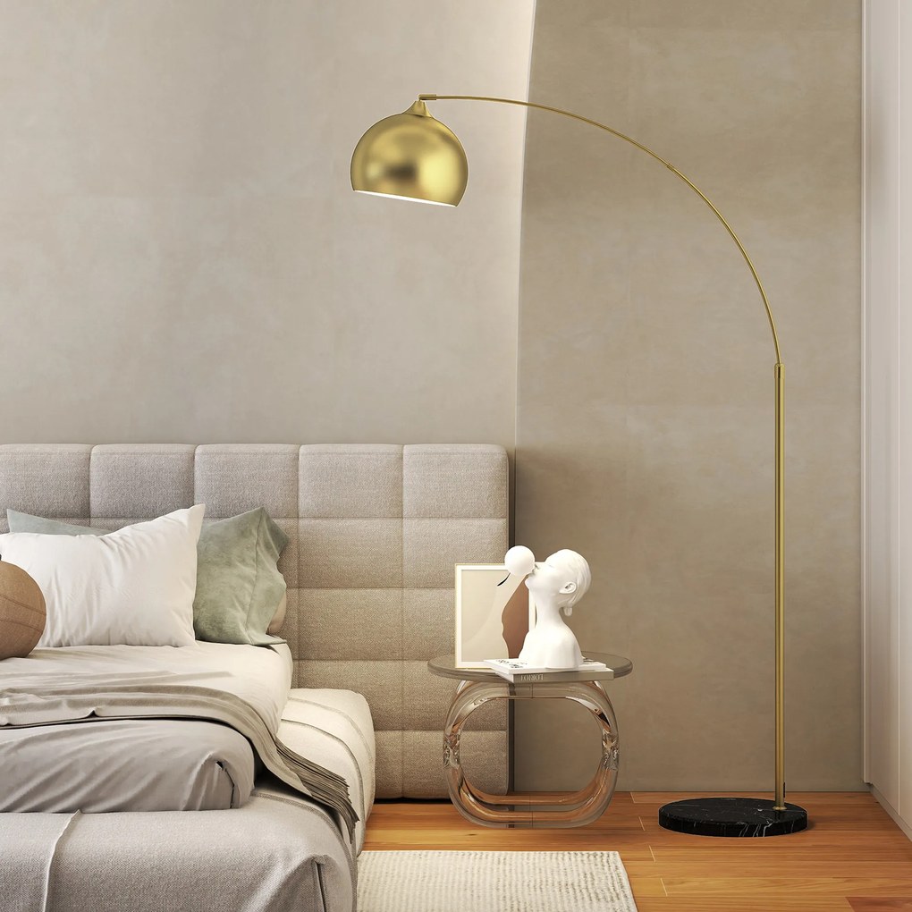 HOMCOM Oblouková lampa, stojací lampa, výškově nastavitelná, nožní vypínač, podstavec s efektem mramoru, 170-180cm, zlatá/černá
