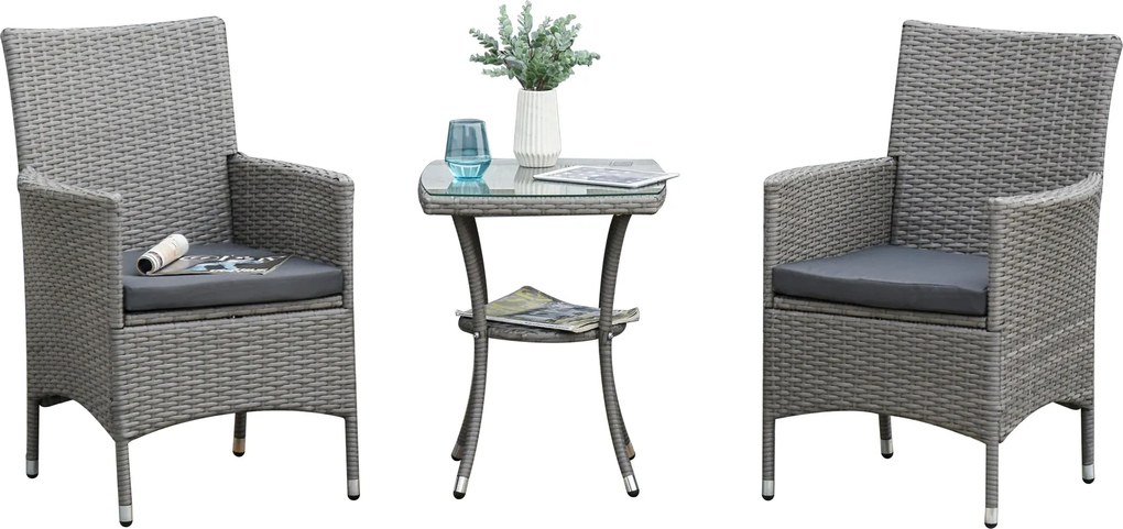 Souprava zahradního nábytku Outsunny Poly Rattan, venkovní lounge nábytek na balkon pro 2 osoby, 3-dílná sedací souprava, 2 křesla, stůl a polstry, za