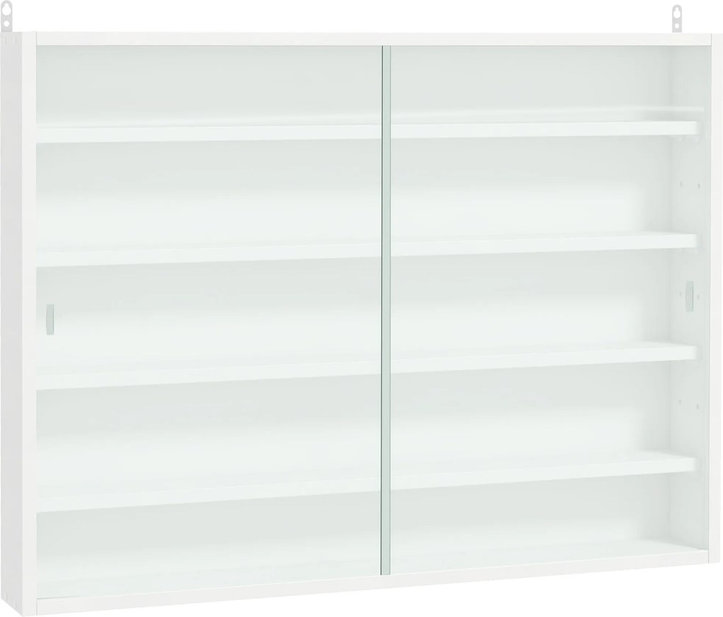 HOMCOM Nástěnná vitrína s nastavitelnými policemi a 2 posuvnými skleněnými dveřmi na kolekce parfémů a dekorativních figurín 80x9,5x60 cm Bílá