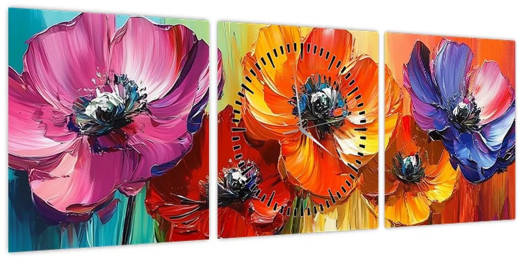 Obraz - Pět pestrobarevných květů (s hodinami) (90x30 cm)