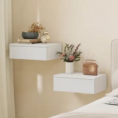 HOMCOM 2dílná sada nočních stolků, nástěnný design, zásuvka, do ložnice, dřevotříska, bílá