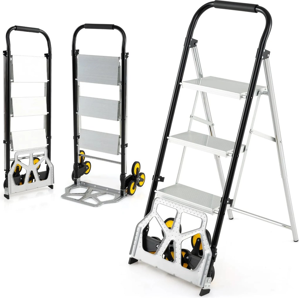 Costway 2-in-1 Skládací vozík a žebřík hliníková 3-stupňová stolička