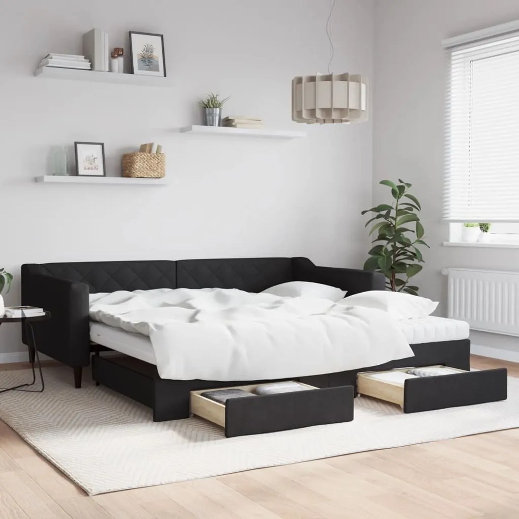 Válenda s přistýlkou a zásuvkami černá 100 x 200 cm textil 3197487