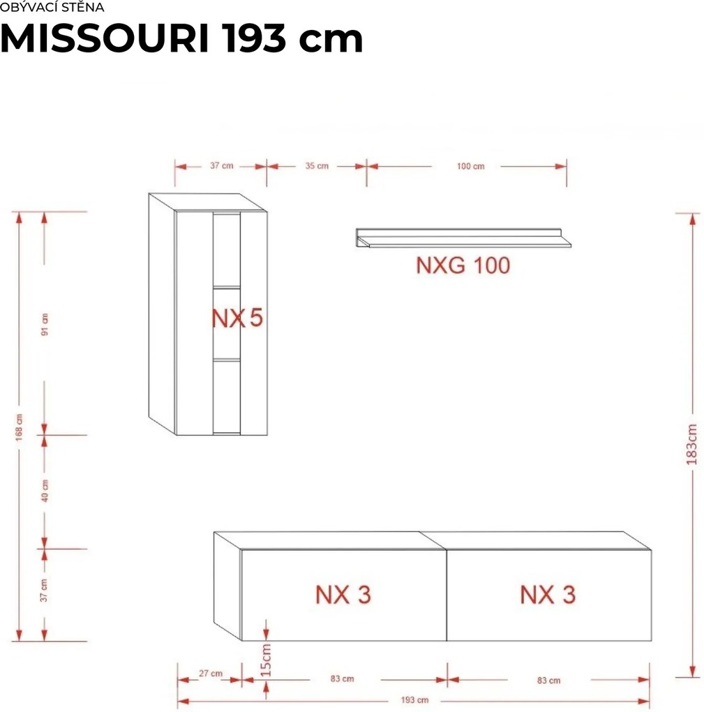 Ral Obývací stěna MISSOURI 1, 193 cm - Černý lesk