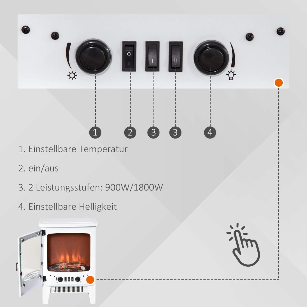 Elektrický krb HOMCOM LED s efektem plamene 900/1800 W z kovu a ABS plastu v bílé barvě 39 x 26 x 54,8 cm pro útulnou atmosféru |