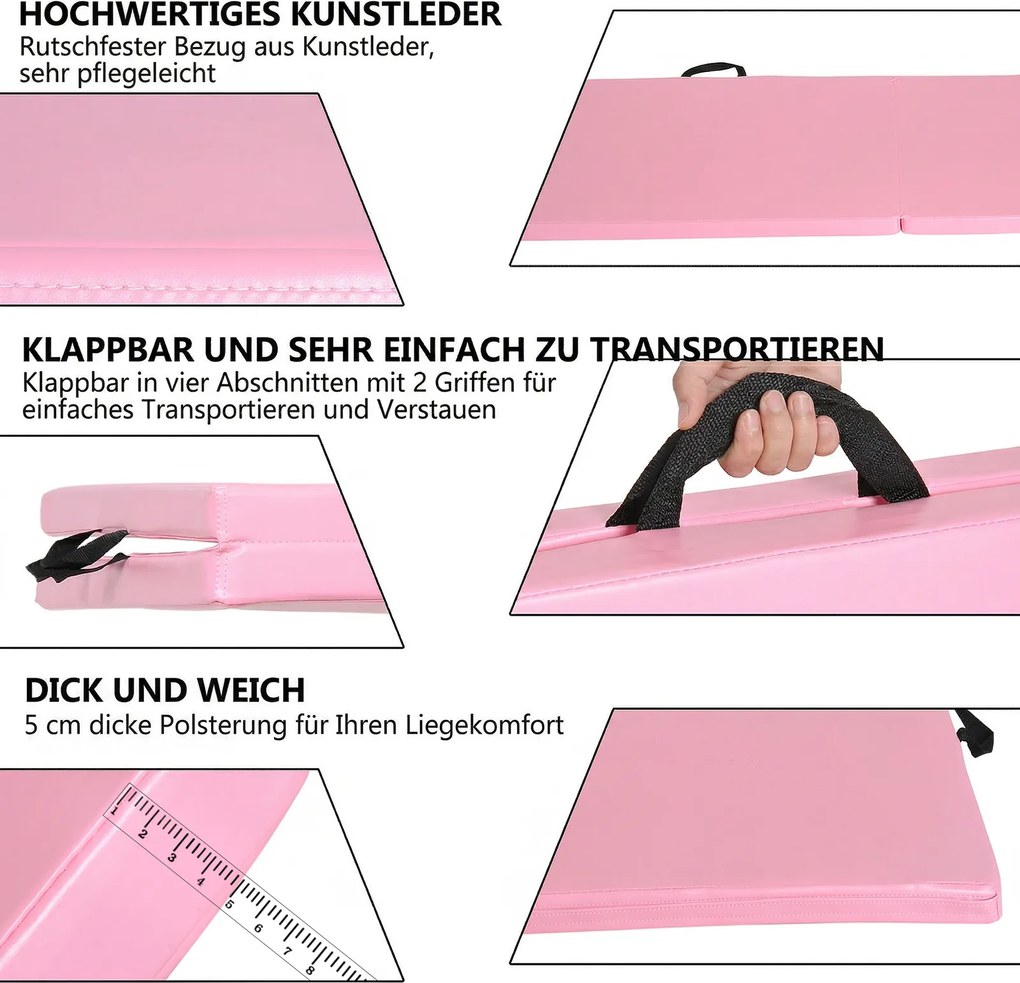 HOMCOM Skládací Cvičební Podložka pro Gymnastiku, Jógu a Pilates 180L x 60W x 5H cm Růžová