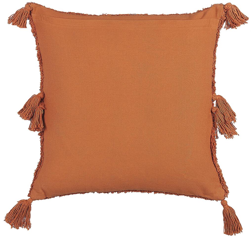 Tkaný bavlněný polštář s geometrickým vzorem a střapci 45 x 45 cm oranžový AVIUM Beliani