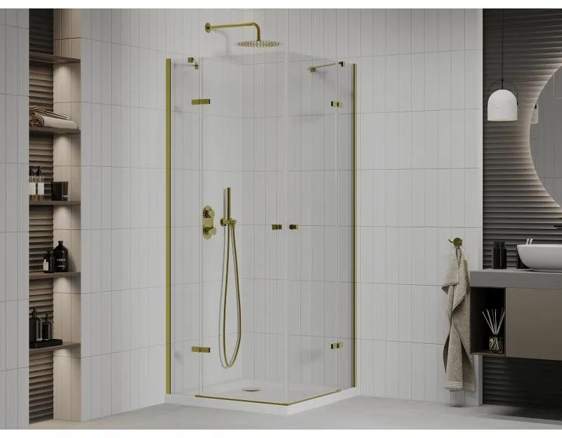 Mexen Roma Duo sprchový kout s otočnými dveřmi 90 x 90 cm, Průhledné, Zlatá + sprchová vanička Flat - 854-090-090-50-02-4010G