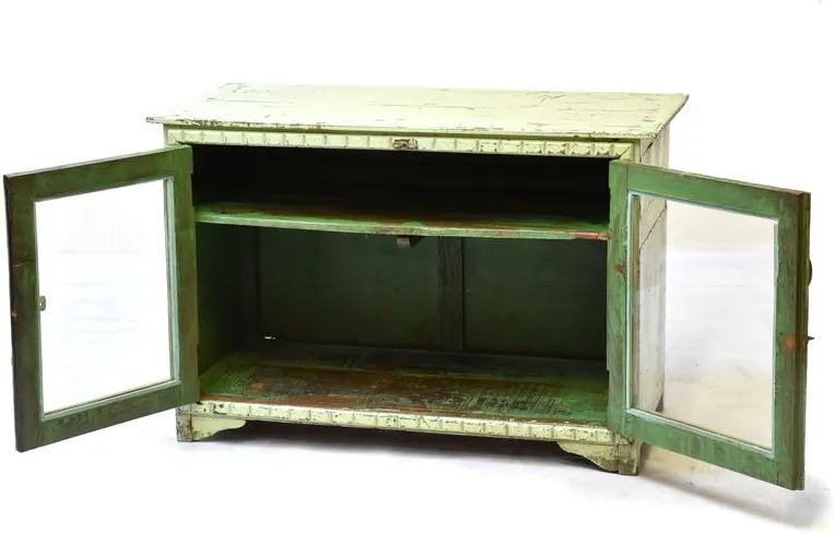 Prosklená skříňka z antik teakového dřeva, tyrkysová patina, 98x46x66cm