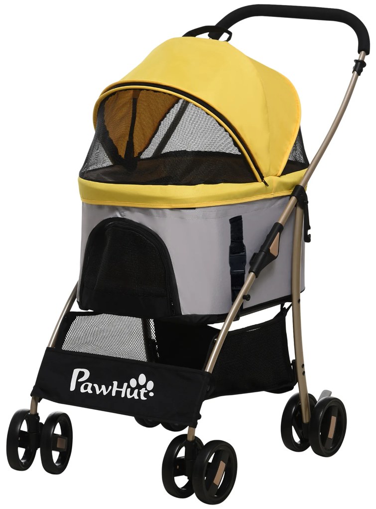 PawHut vozík pro psy 2 v 1, skládací kočárek pro psy s polštářem, 4 kolečka, síťované okno, tkanina Oxford, žlutý