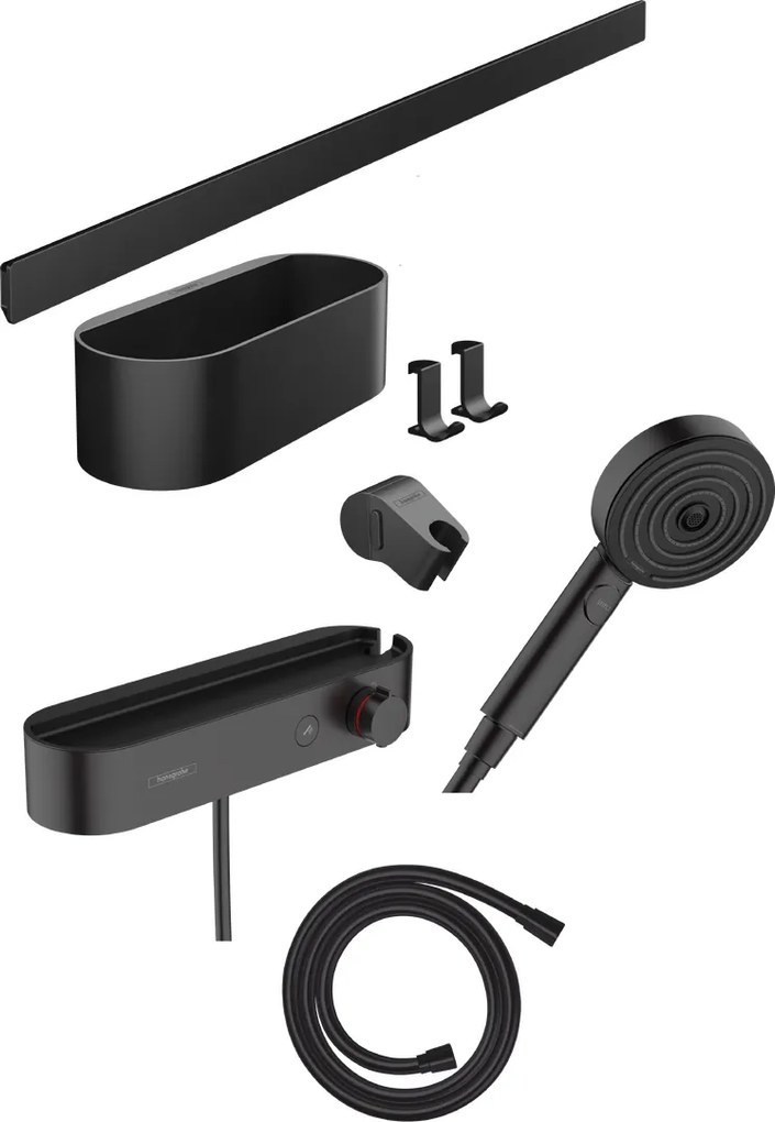 Hansgrohe WallStoris, sada sprchové hlavice 105, 3 proudy, termostatu a koupelnových doplňků, černá matná, 24250670