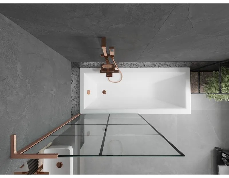Mexen Next L, 1-křídlová vanová zástěna 90 x 150 cm, 6mm čiré sklo-černý vzor, měděný profil, 895-090-000-03-77-65