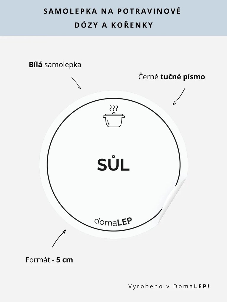 SŮL – bílá samolepka na dózu, tučné písmo, 5 cm | DomaLEP