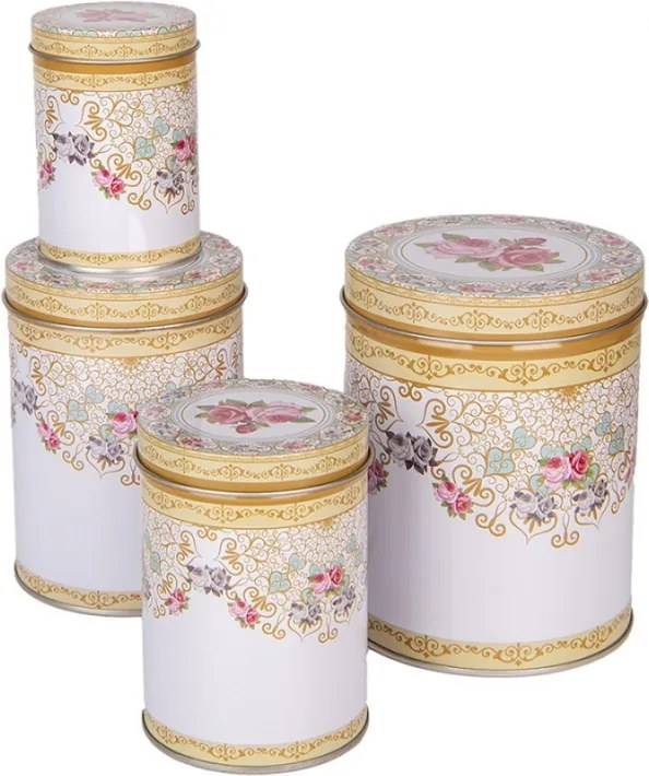 Sada 4 žluto-bílé kovové krabičky s ornamenty a květy – 11 / 9 / 8 / 6 cm