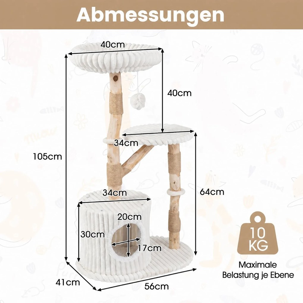 Costway Dřevěné škrabadlo pro kočky 105 cm s domečkem, béžové