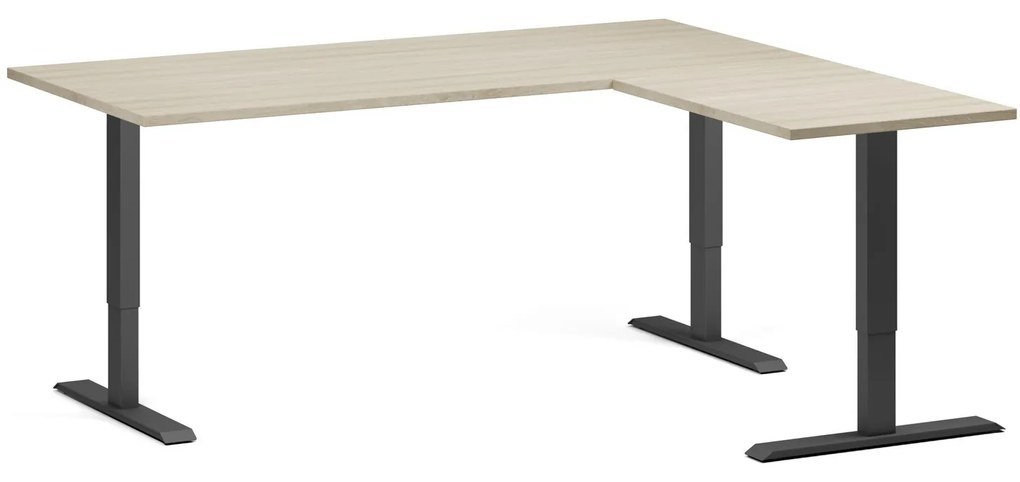 Rohový výškově nastavitelný stůl, 180x160 cm, 3 motory, L/P, černá podnož, dub přírodní