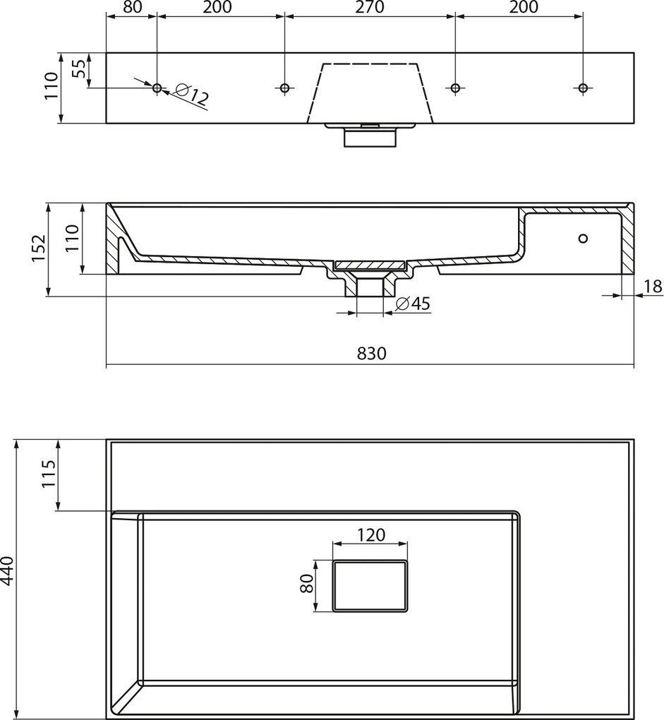 Sapho GODIVA umyvadlo 83 x 44cm, bez otvoru, litý mramor, bílá GU083L-0