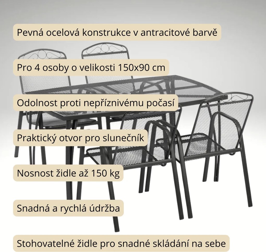Vikio Zahradní jídelní kovový set pro 4 osoby V124 antracit