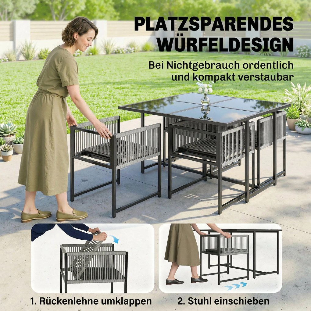 Outsunny 5dílný venkovní jídelní set – čtvercový stůl se skleněnou deskou a 4 skládací provazové židle, světle šedá