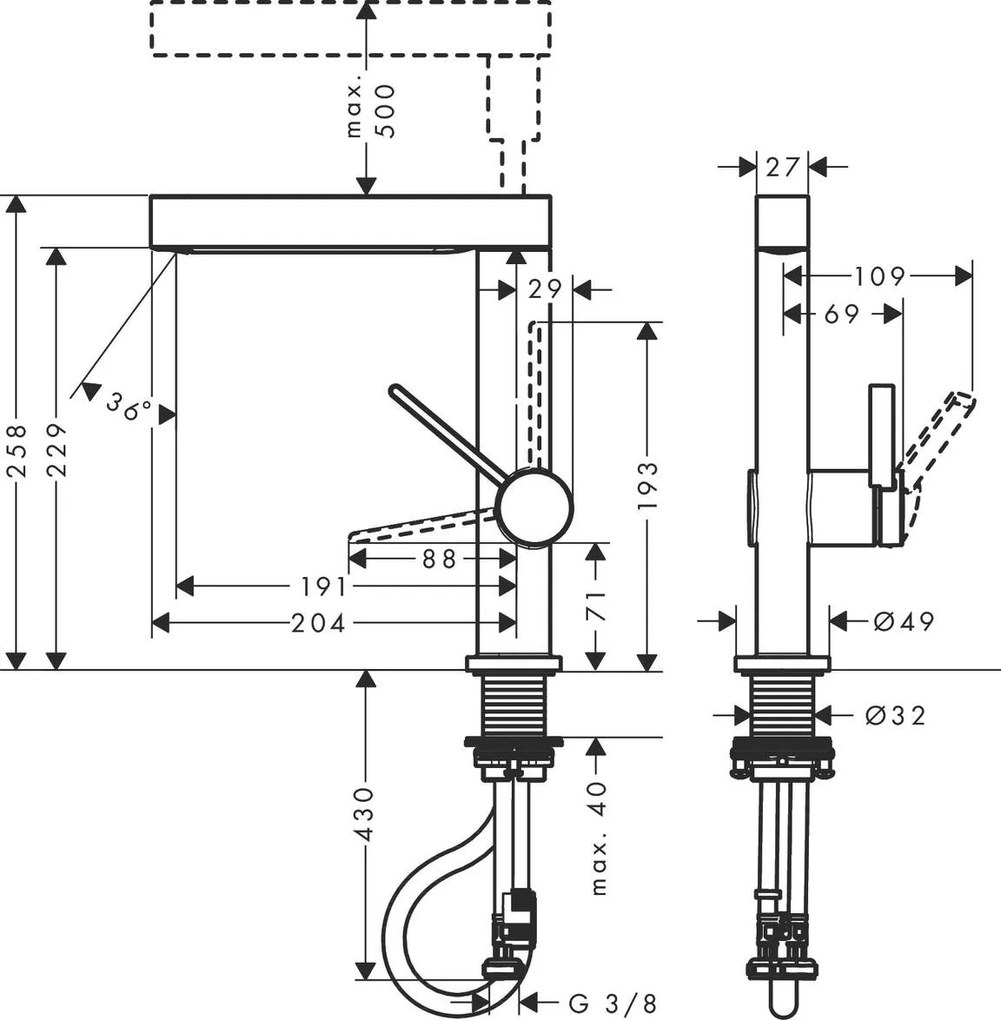 Hansgrohe Finoris, umyvadlová baterie 230, s výpustí Push-Open a výsuvnou sprškou, EcoSmart, černá matná, 76063670