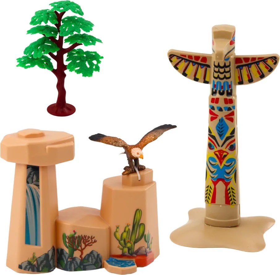 LEAN Toys Sada figurek indiánská vesnice indiáni kánoe totem
