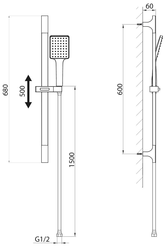 Sapho sprchová souprava hranatá ruční sprcha posuvný držák 680 mm chrom SC815