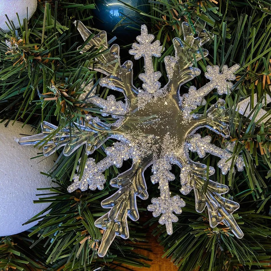 Vánoční ozdoba na stromeček sněhová vločka 15 cm, akryl, závěsná, bílá a čirá