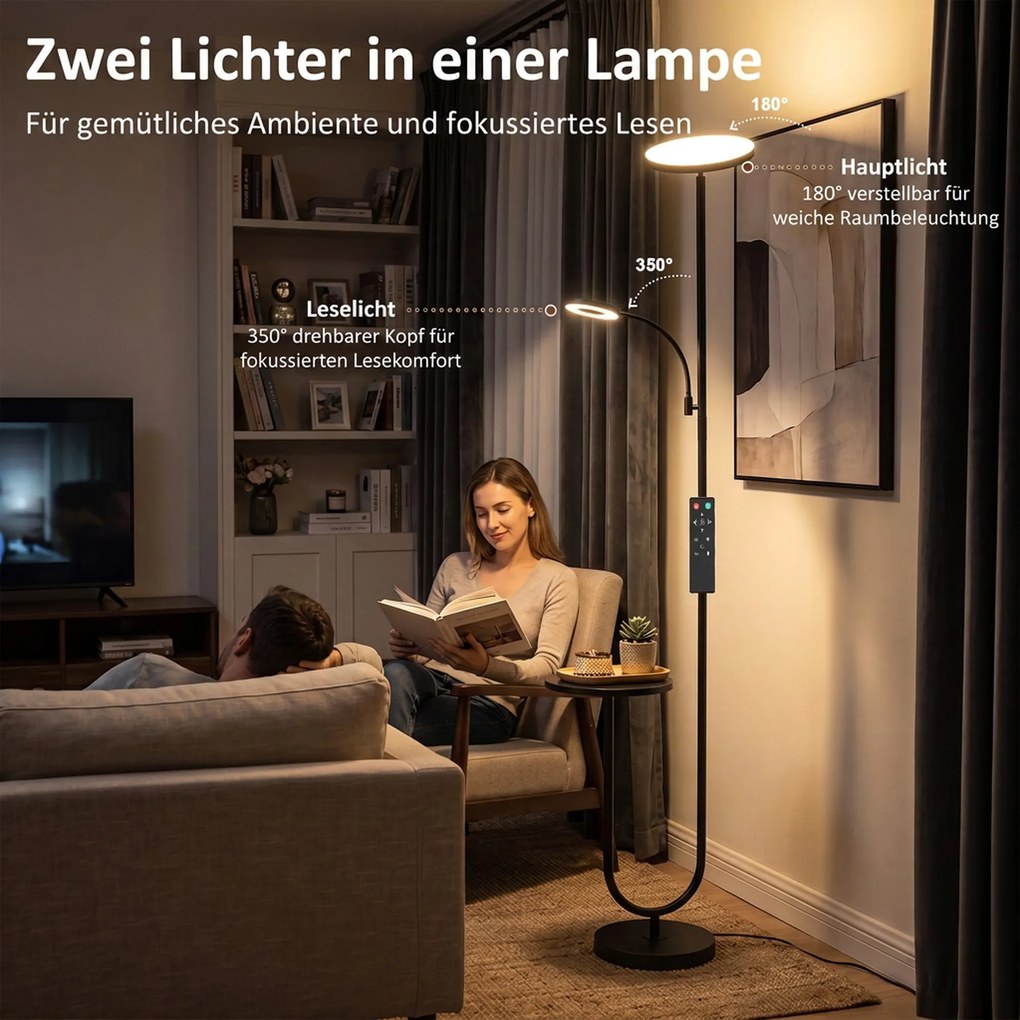 HOMCOM LED stropní reflektor s odkládacím stolkem a čtecí lampou, stmívatelná stojací lampa s dálkovým ovládáním, 4 barevné teploty