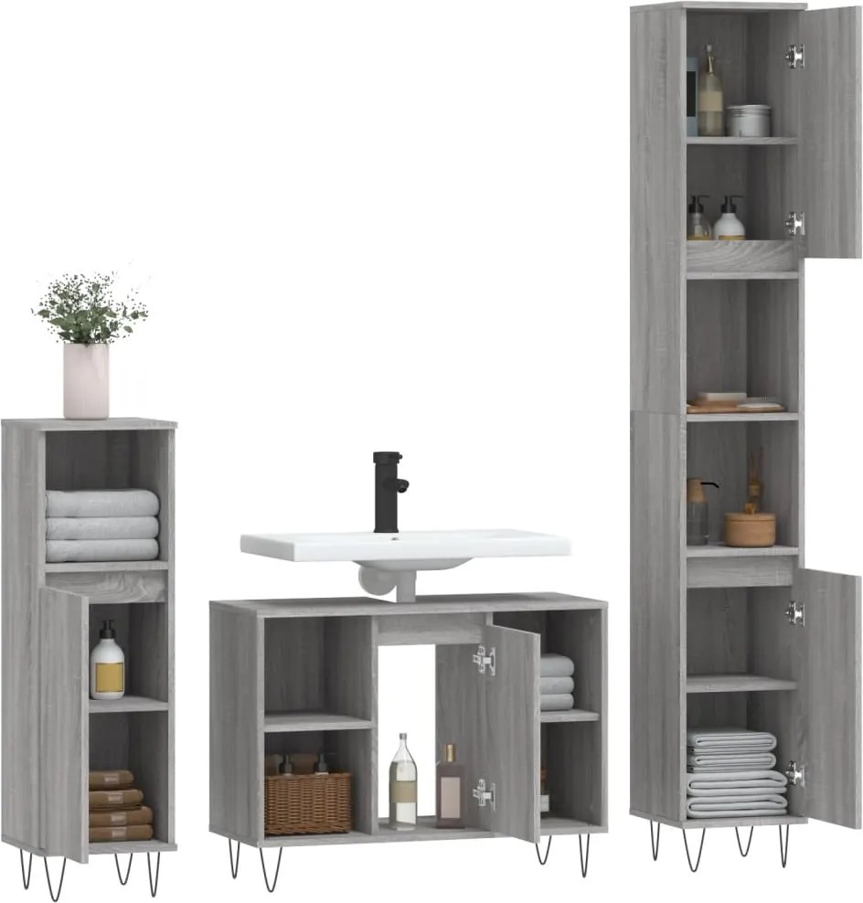 3dílný set koupelnového nábytku šedý sonoma kompozitní dřevo 3190305