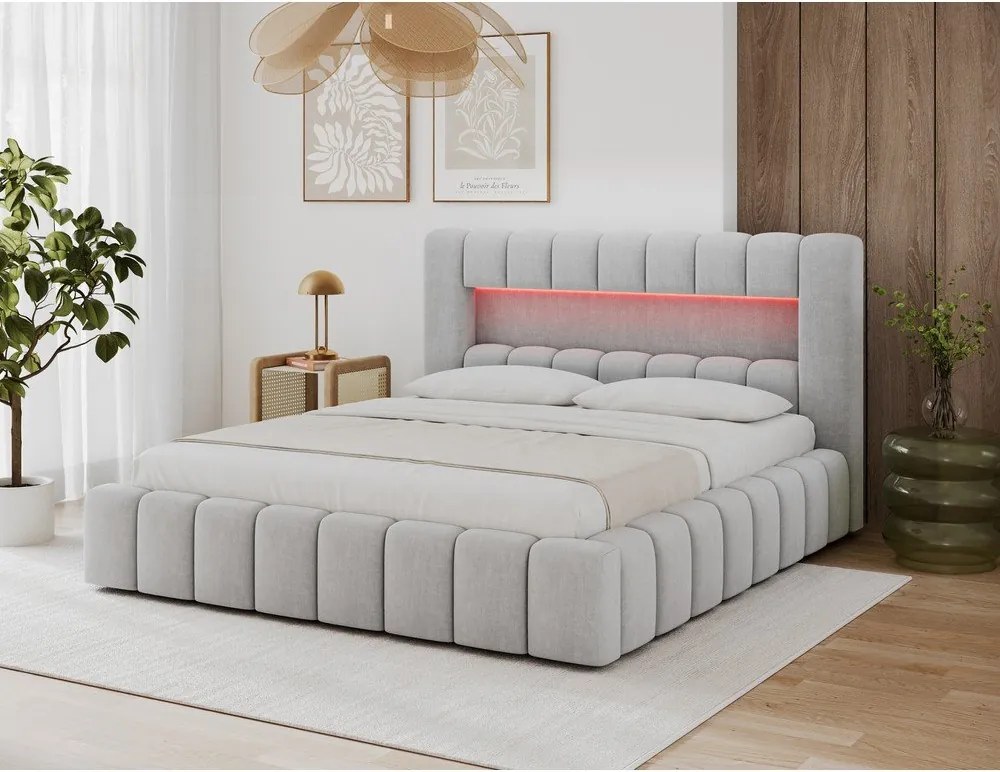 Světle šedá čalouněná dvoulůžková postel s úložným prostorem s roštem 140x200 cm Lamica – ELTAP