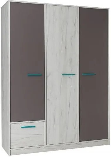 Prostorná šatní skříň Larisa 3, LTD, dub craft bílý / šedá / tyrkysová, 145x195x51 cm