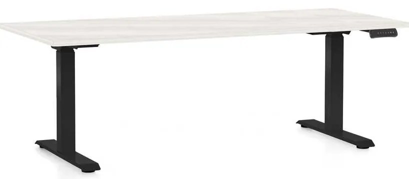 Výškově nastavitelný stůl OfficeTech D, 180 x 80 cm, černá podnož, bílý jasan