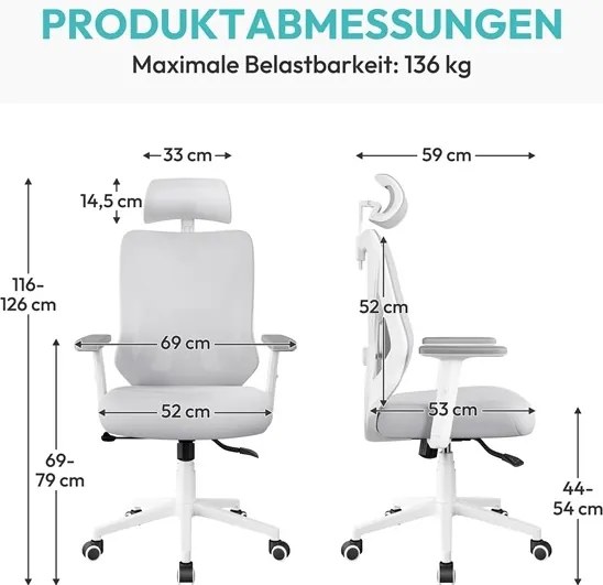 Kancelářská židle – světle šedá & bílá, 70 cm (šířka) × 59 cm (hloubka) × 115 cm - 125 cm (výška) (257772618160)