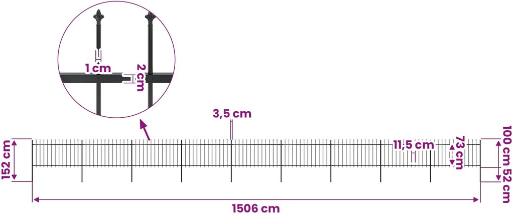 Zahradní plot s kopím nahoře ocelový 1506 x 100 cm černý 277619