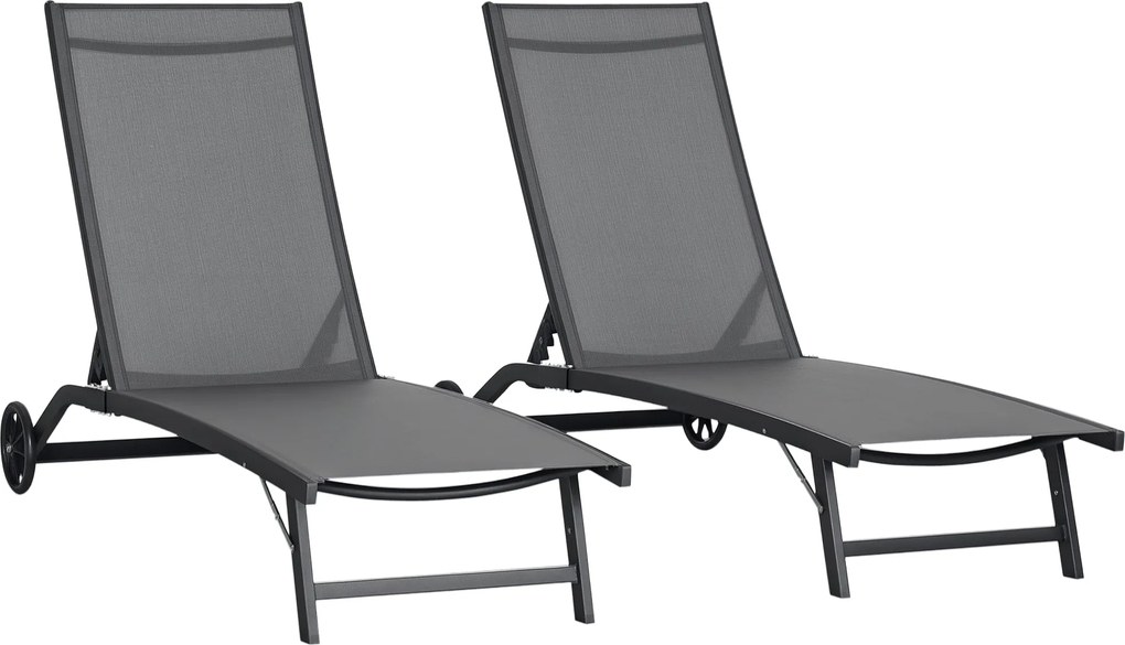 Outsunny Sada 2 venkovních zahradních lehátek s polohovacími hliníkovými lehátky, 5 úrovní opěradla a kolečka na pláž nebo bazén 165x66x102 cm Tmavě š
