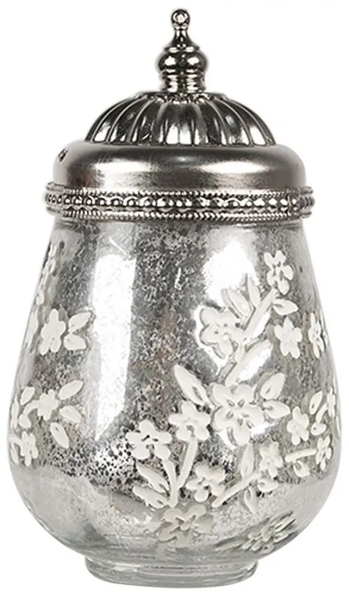 Stříbrná skleněná svítící LED lucerna s kvítky Balli - Ø 9*15 cm