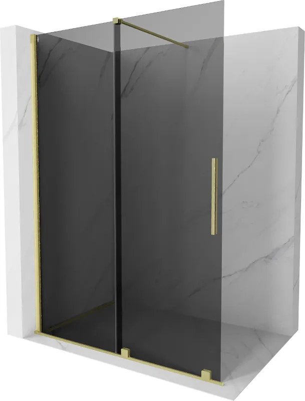 Mexen Velar, sprchová zástěna s posuvnými dveřmi Walk-in 130 x 200 cm, 8mm šedé sklo, zlatá matná, 871-130-000-43-55