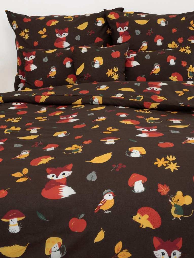 MK Lůžkoviny Prodloužené bavlněné povlečení Renforcé - Podzimní les tmavě hnědé 140 × 220 cm, 70 x 90 cm