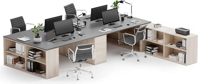 Kancelářská sestava stolů BLOCK B05, 4 místa s úložným prostorem, 360x320 cm, dub přírodní/grafit