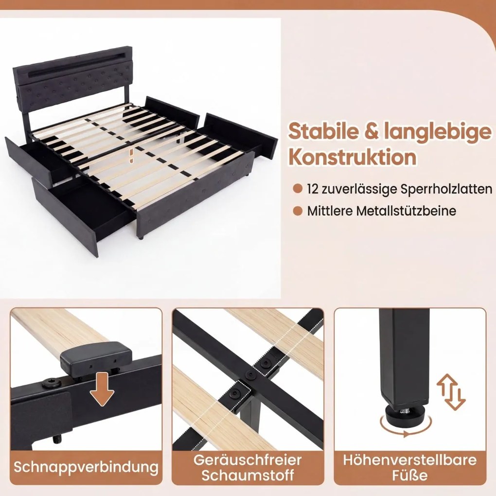 Costway Čalouněná postel s LED osvětlením Nabíjecí stanice (2 USB porty) Rám
