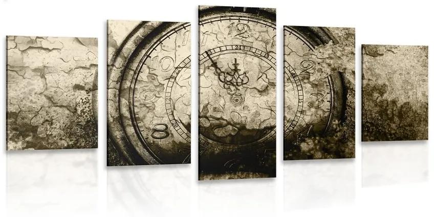 5-dílný obraz starožitné hodiny v sépiovém provedení