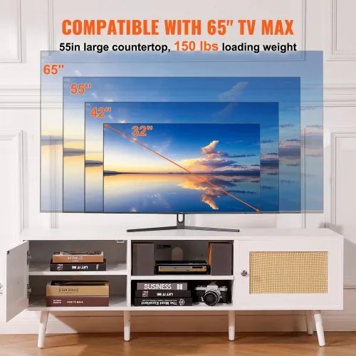 Ratanový TV stojan pro 165,1 cm TV Boho TV stojan s vestavěnou zásuvkou bílá