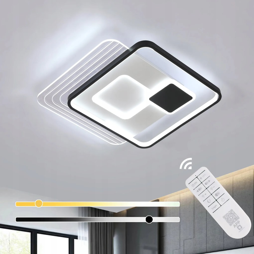 Lampa Sufitowa Led Plafon Czarna Wiszaca Biały Z Pilotem+app Do Salonu 37W